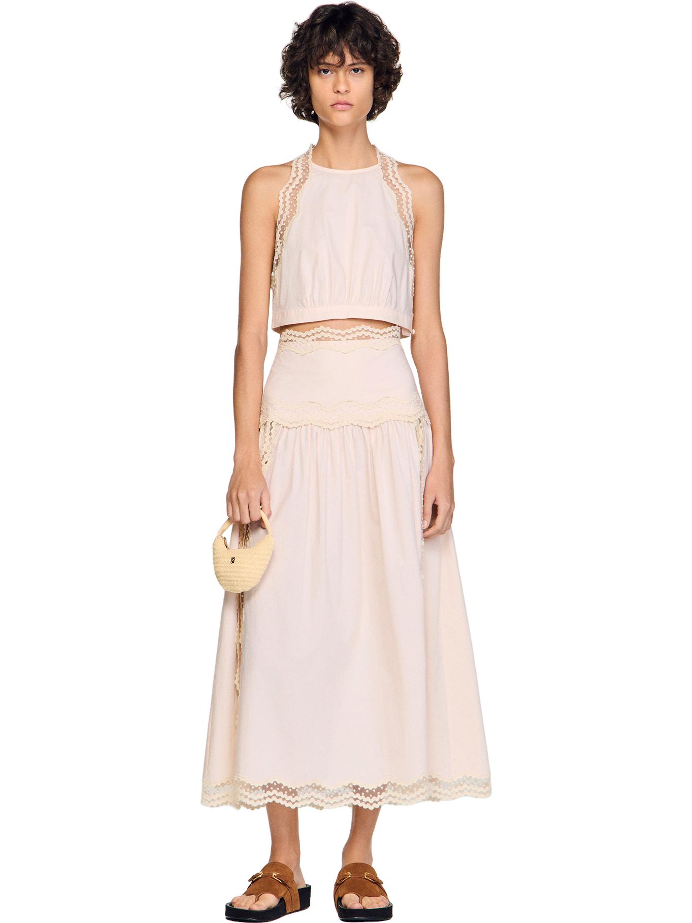 SANDRO Cotton Crop Top with Lace Trim